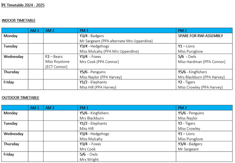 PE Timetable | Greenfield Primary School