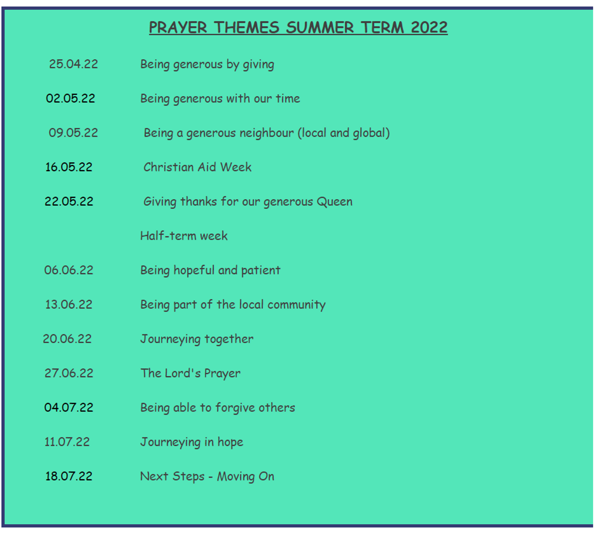 Our Weekly Prayer Themes | Chudleigh CE VC Community Primary School