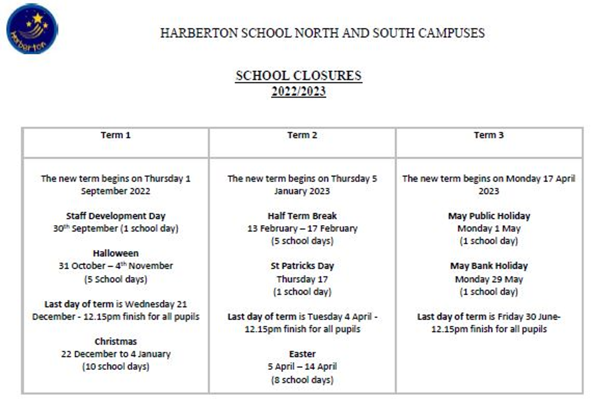 Dates | Harberton Special School