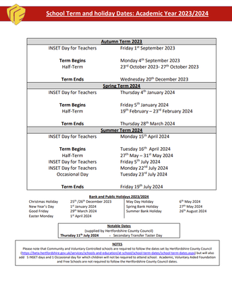 Term Dates | Mary Exton Primary School